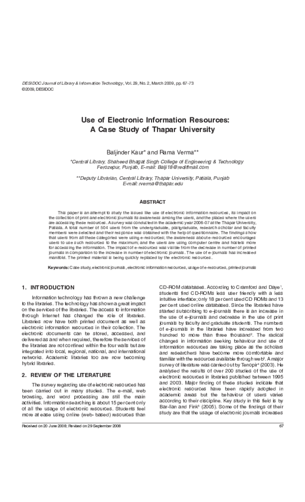 (PDF) Use of electronic information resources: A case study of Thapar ...
