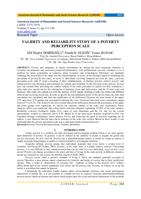 (PDF) VALIDITY AND RELIABILITY STUDY OF A POVERTY PERCEPTION SCALE