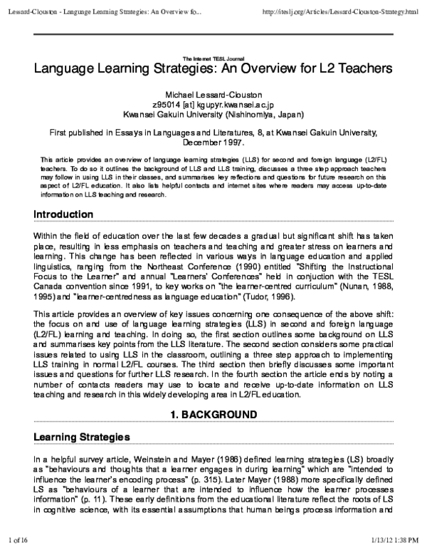(PDF) Language Learning Strategies: An Overview for L2 Teachers