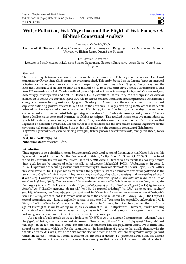 (PDF) Water Pollution, Fish Migration and the Plight of Fish Famers: A Biblical-Contextual Analysis
