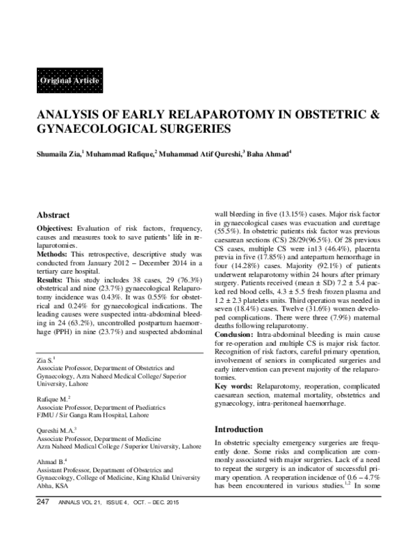(PDF) Analysis of Early Relaparotomy in Obstetric & Gynaecological ...