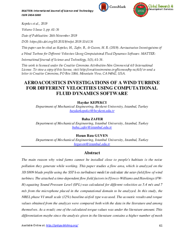 (PDF) Aeroacoustics Investigations of a Wind Turbine for Different Velocities Using ...
