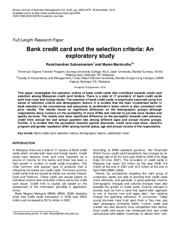 (PDF) Bank credit card and the selection criteria : An exploratory study