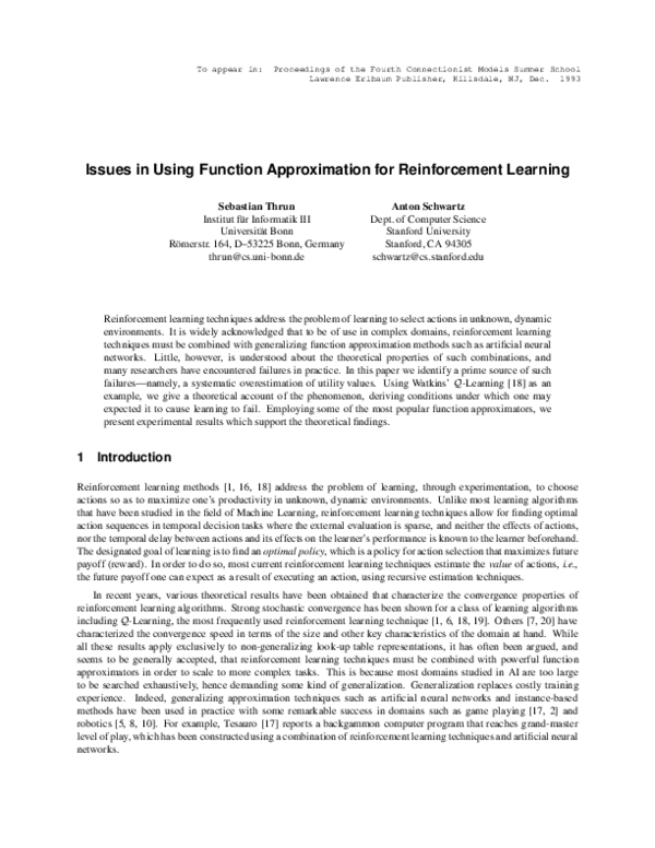 (PDF) Issues in Using Function Approximation for Reinforcement Learning