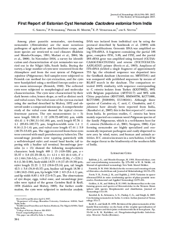 (PDF) First Report of Estonian Cyst Nematode Cactodera estonica from India