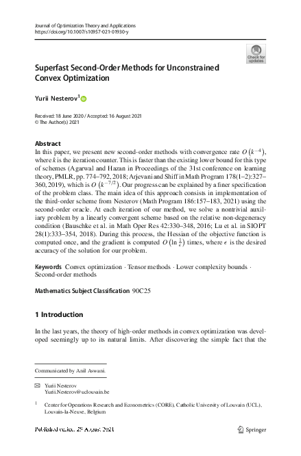 (PDF) Superfast Second-Order Methods for Unconstrained Convex Optimization