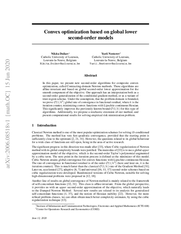 Pdf Convex Optimization Based On Global Lower Second Order Models Yurii Nesterov