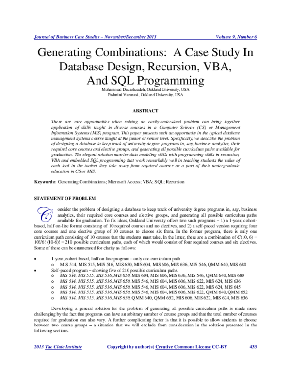 (PDF) Generating Combinations: A Case Study In Database Design, Recursion, VBA, And SQL Programming