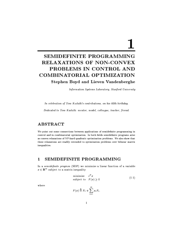 (PDF) Semidefinite programming relaxations of non-convex problems in control and combinatorial ...