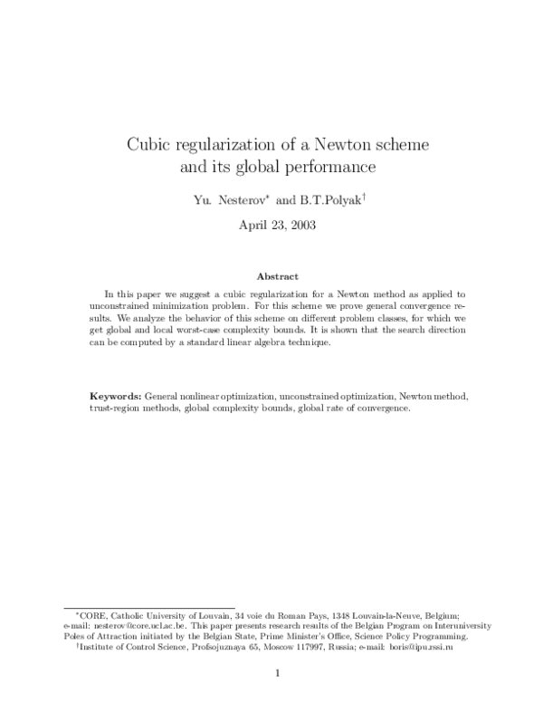 Pdf Cubic Regularization Of A Newton Scheme And Its Global Performance