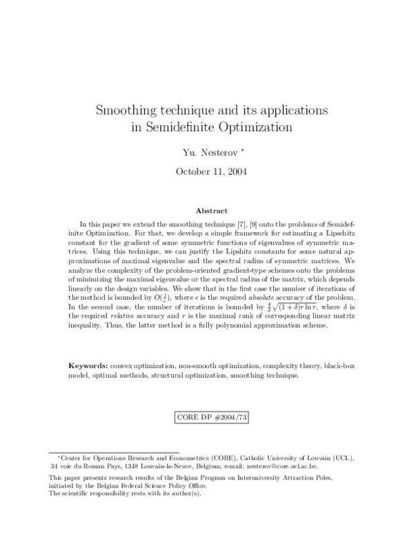 Pdf Smoothing Technique And Its Applications In Semidefinite Optimization Yurii Nesterov