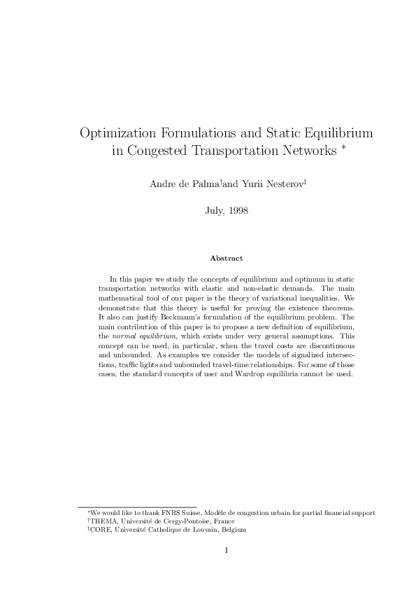 Pdf Optimization Formulations And Static Equilibrium In Congested Transportation Networks