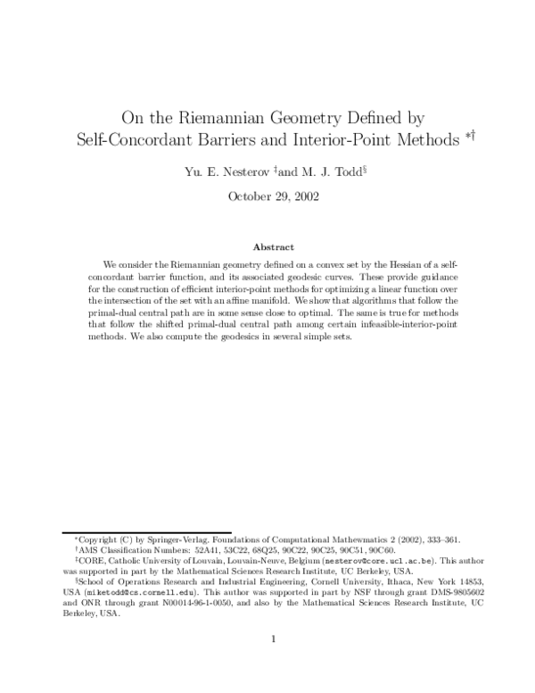 (PDF) On the Riemannian Geometry Defined by Self-Concordant Barriers ...