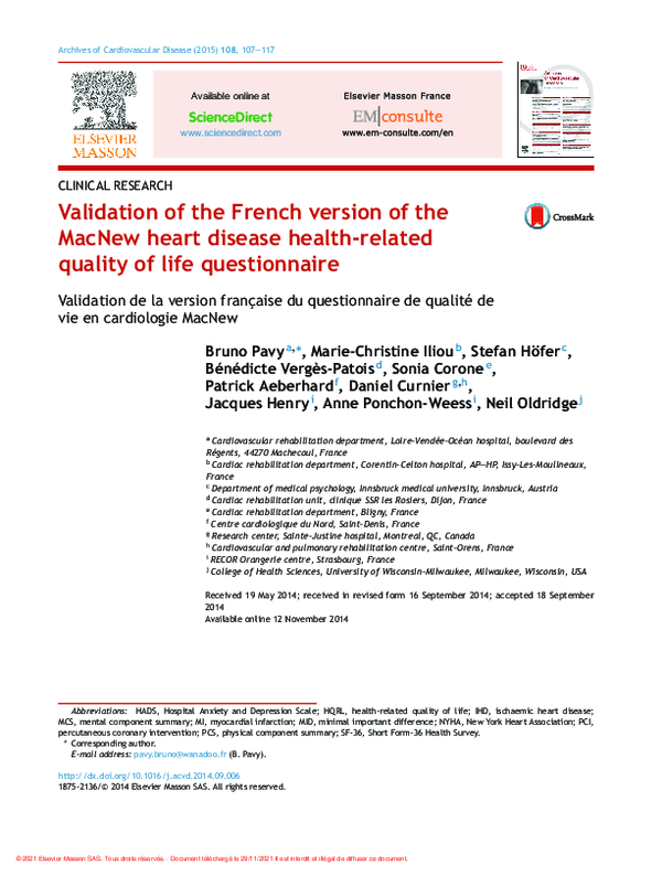 (PDF) Validation of the French version of the MacNew heart disease ...