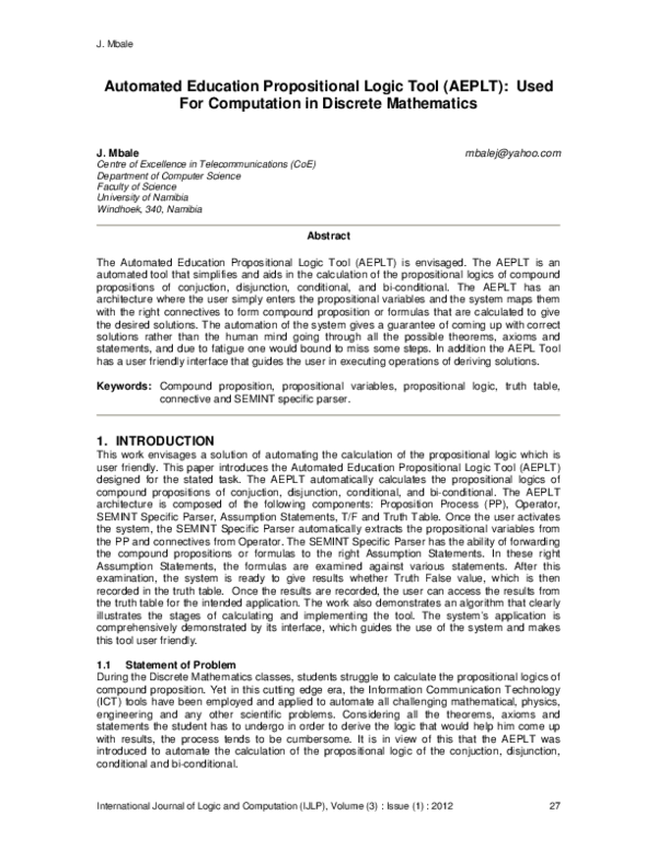 (PDF) Automated Education Propositional Logic Tool (AEPLT): Used For Computation in Discrete ...