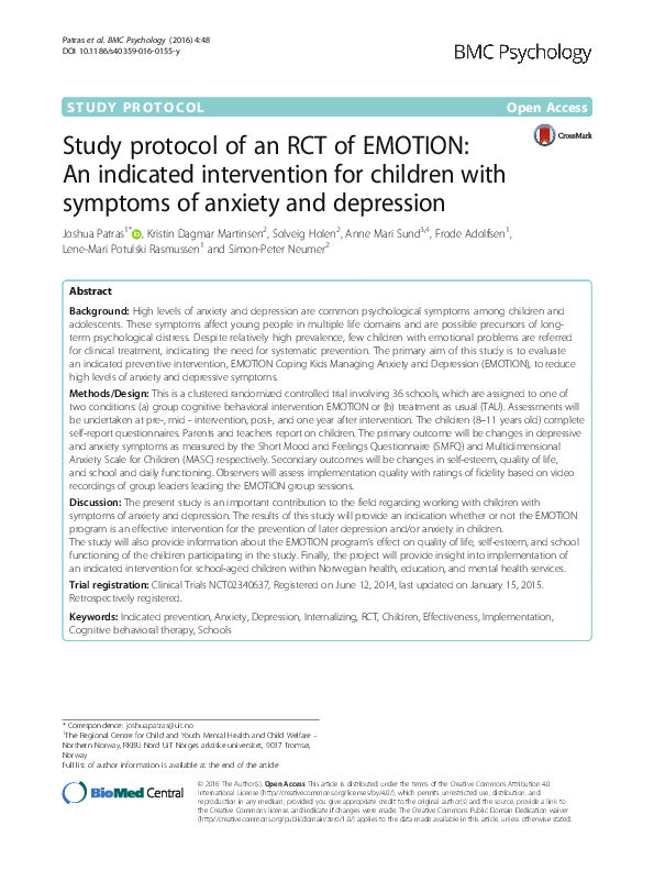 (PDF) Study protocol of an RCT of EMOTION: An indicated intervention ...