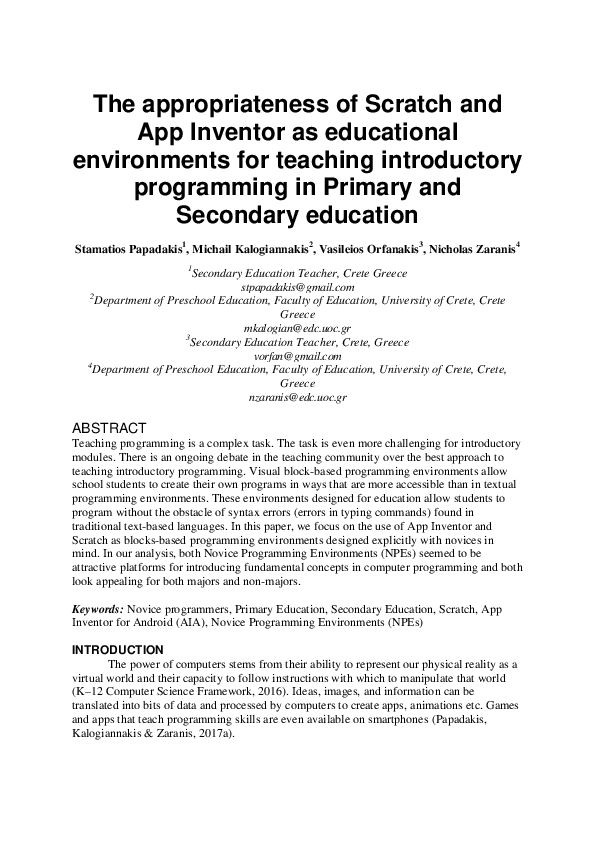 Pdf The Appropriateness Of Scratch And App Inventor As Educational Environments For Teaching