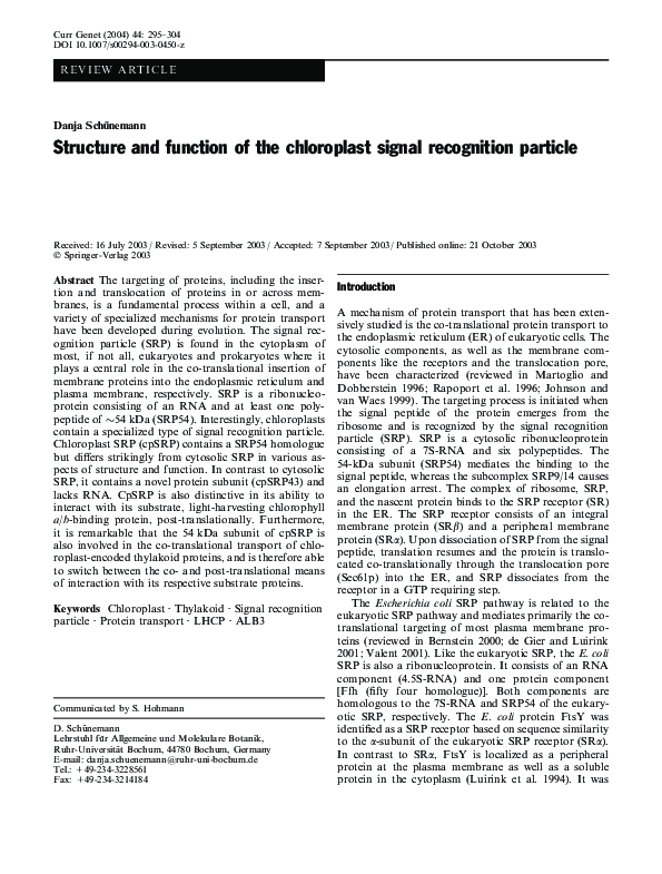 (PDF) Structure and function of the chloroplast signal recognition particle