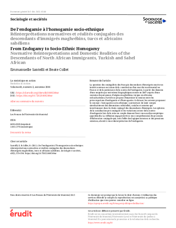 (PDF) De l’endogamie à l’homogamie socio-ethnique