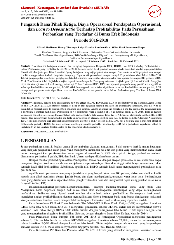 (PDF) Pengaruh Dana Pihak Ketiga, Biaya Operasional Pendapatan Operasional, dan Loan to Deposit ...