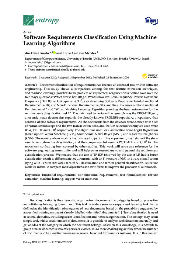 (PDF) Software Requirements Classification Using Machine Learning Algorithms