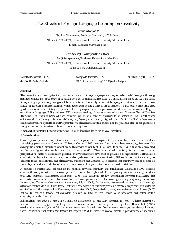 (PDF) The Effects of Foreign Language Learning on Creativity