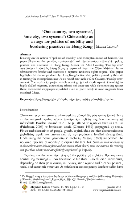 (PDF) ‘One country, two systems’, ‘one city, two systems’: Citizenship ...