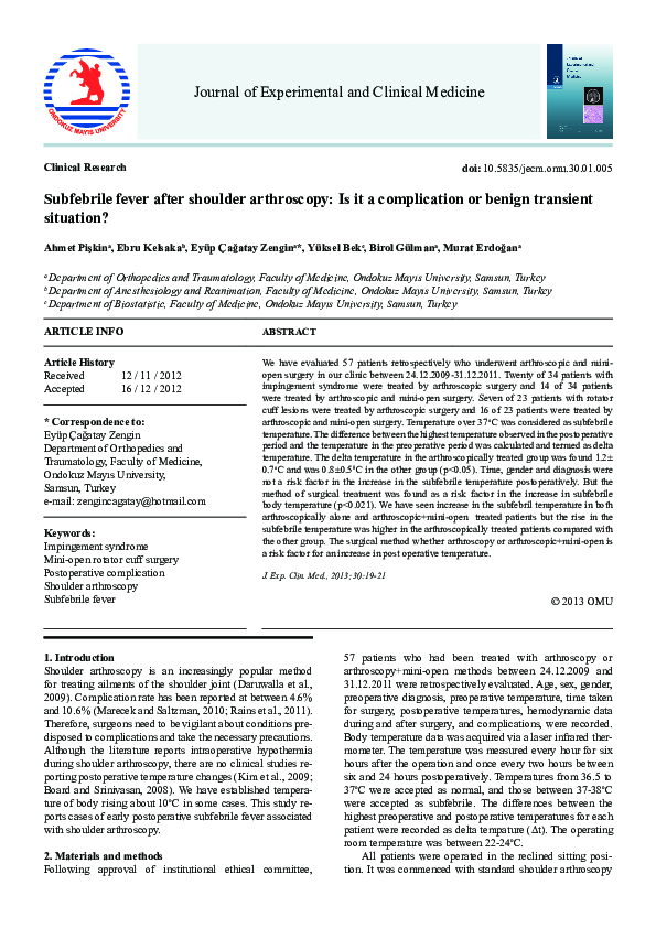 (PDF) Subfebrile fever after shoulder arthroscopy: Is it a complication ...