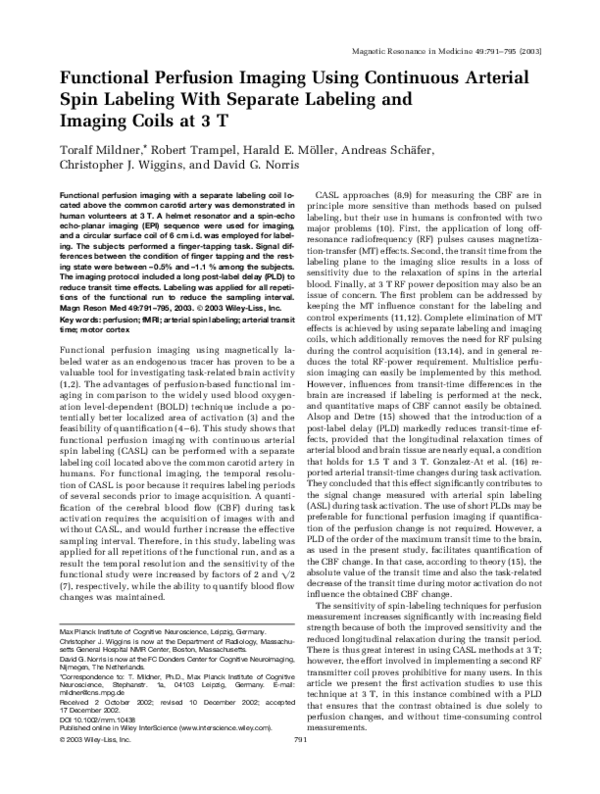 (PDF) Functional perfusion imaging using continuous arterial spin labeling with separate ...