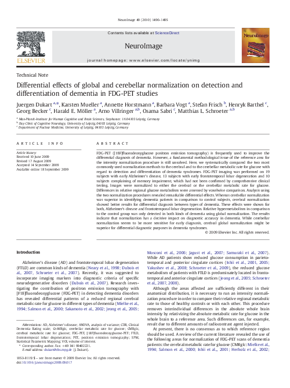 (PDF) Cerebral vs. Cerebellar Normalization in FDG-PET for Dementia