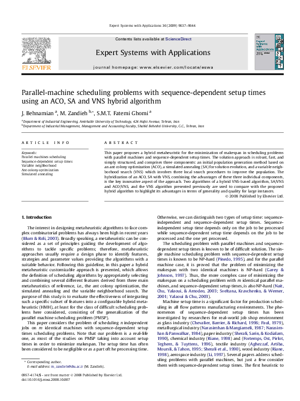 Pdf Parallel Machine Scheduling Problems With Sequence Dependent Setup Times Using An Aco Sa 