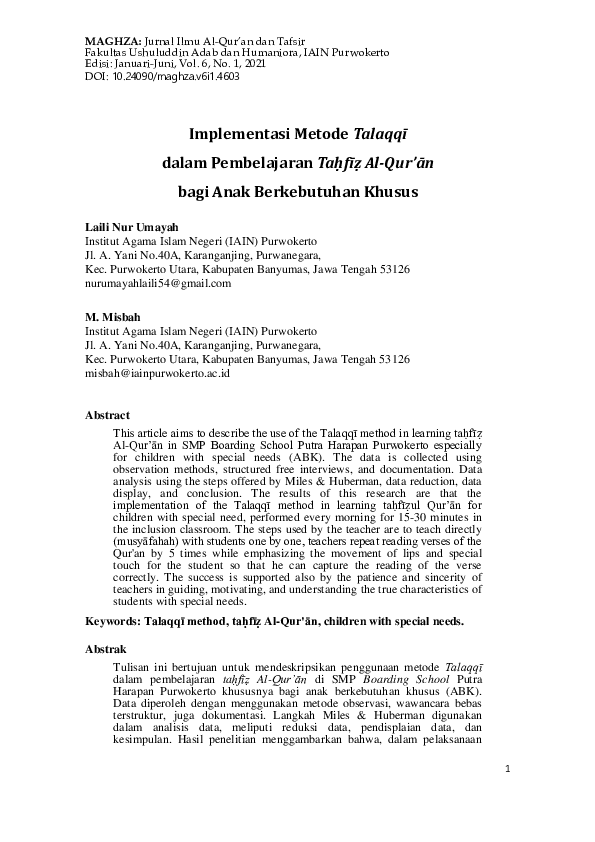 (PDF) Implementasi Metode Talaqqi dalam Pembelajaran Tahfidz Al-Quran bagi Anak Berkebutuhan Khusus