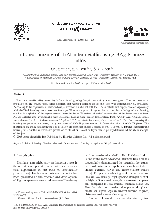 (PDF) Infrared brazing of TiAl intermetallic using BAg-8 braze alloy