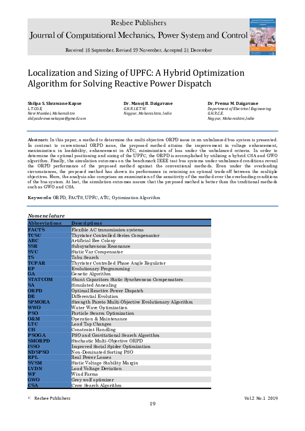 (PDF) Localization and Sizing of UPFC: A Hybrid Optimization Algorithm for Solving Reactive ...