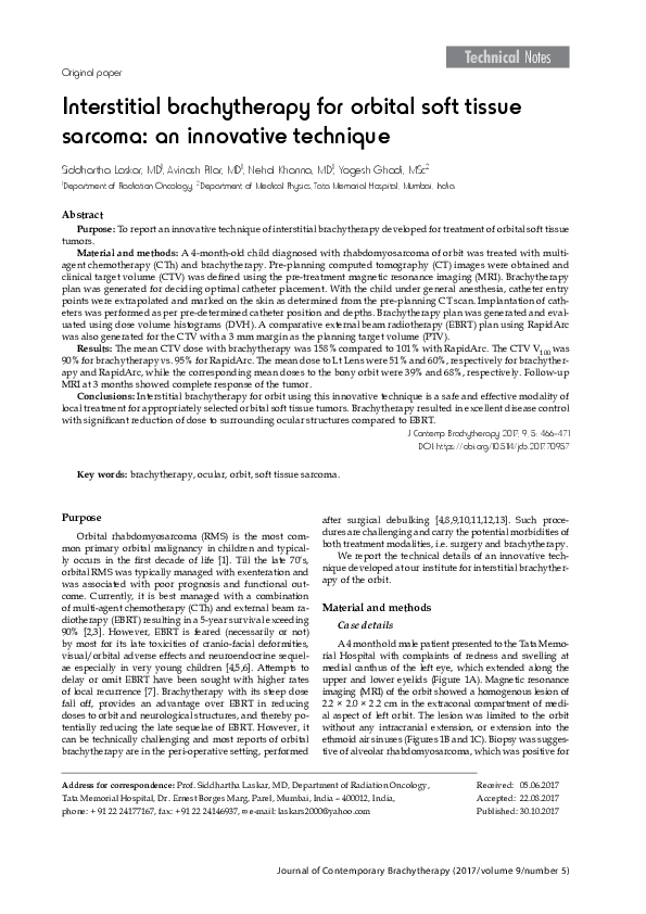 (PDF) Interstitial brachytherapy for orbital soft tissue sarcoma: an innovative technique