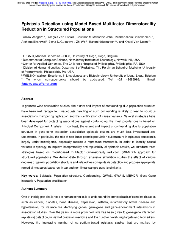 (PDF) Epistasis Detection using Model Based Multifactor Dimensionality Reduction in Structured ...
