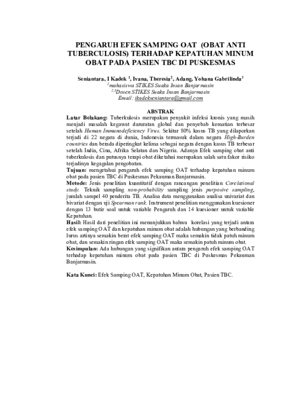 (PDF) Pengaruh Efek Samping Oat (Obat Anti Tuberculosis) Terhadap ...