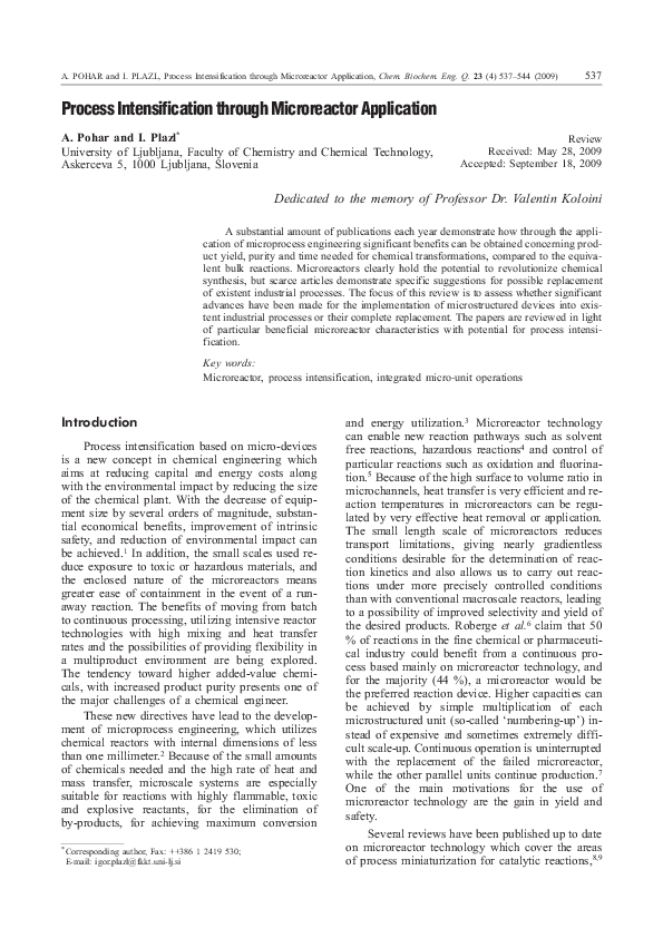 (PDF) Process Intensification through Microreactor Application