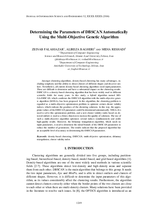 (PDF) Determining the Parameters of DBSCAN Automatically Using the Multi-Objective Genetic ...