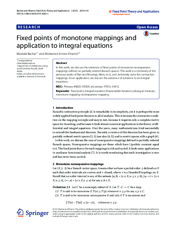(PDF) Fixed points of monotone mappings and application to integral ...