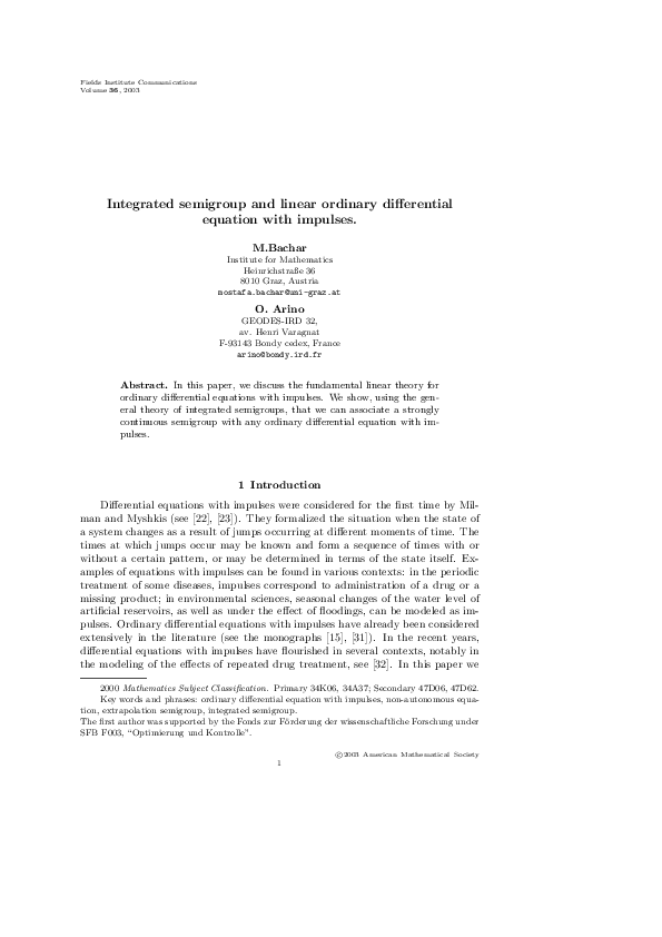 (PDF) Integrated semigroup and linear ordinary differential equation with impulses