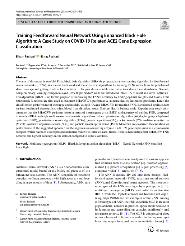 (PDF) Training Feedforward Neural Network Using Enhanced Black Hole Algorithm: A Case Study on ...