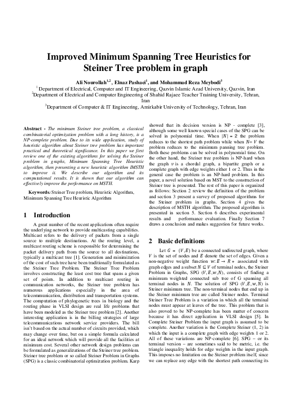 Pdf Improved Minimum Spanning Tree Heuristics For Steiner Tree Problem In Graph Elnaz