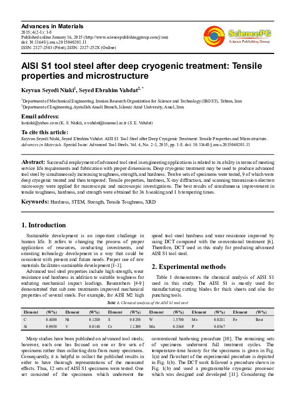 (PDF) AISI S1 Tool Steel after Deep Cryogenic Treatment: Tensile ...