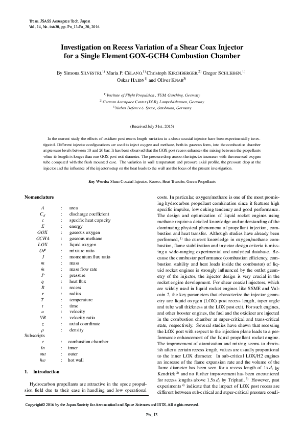 (PDF) Investigation on Recess Variation of a Shear Coax Injector for a ...