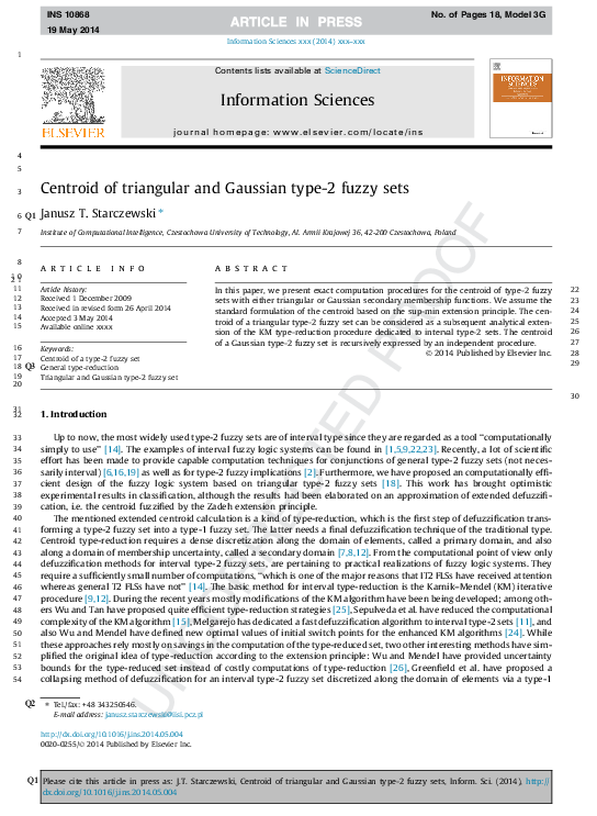 Pdf Centroid Of Triangular And Gaussian Type 2 Fuzzy Sets