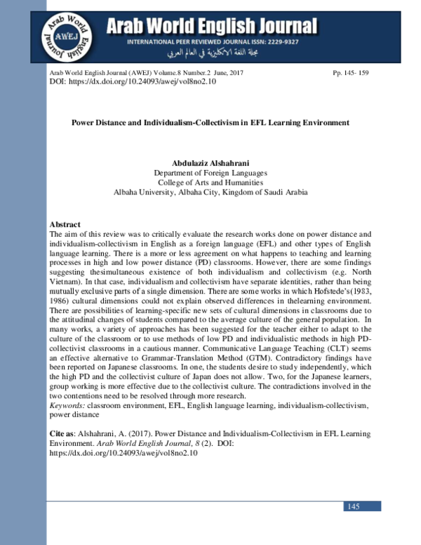 (PDF) Power Distance and Individualism-Collectivism in EFL Learning ...