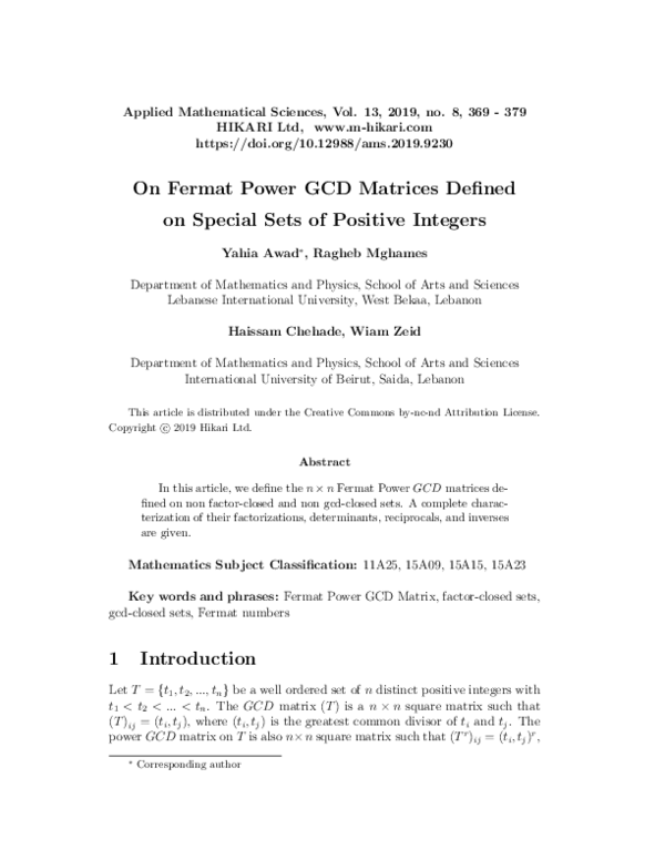 (PDF) On Fermat power GCD matrices defined on special sets of positive integers