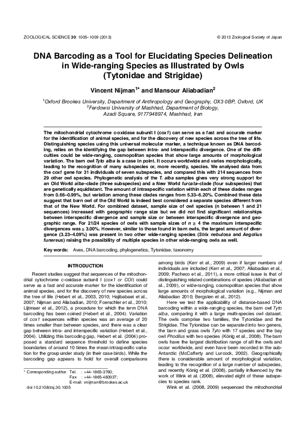 (PDF) DNA Barcoding as a Tool for Elucidating Species Delineation in Wide-ranging Species as ...