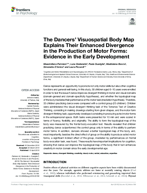 Pdf The Dancers Visuospatial Body Map Explains Their Enhanced
